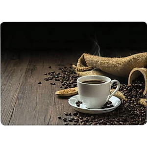 Tempered Glass Cutting Board Hot coffee in a white coffee cup and many coffee beans placed around Tableware Kitchen Decorative Cutting Board with Non-slip Legs, Serving Board, Large Size, 15" x 11"