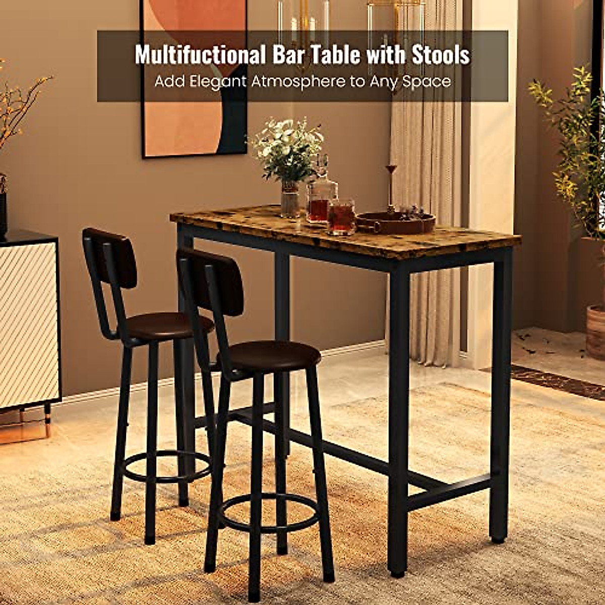 AWQM Bar Table Set of 2,39.3" Pub Height Table & 2 PU Upholstered Stools with Backrest,Industrial 3 Piece Breakfast Bar Table Sets,for Living Room,Kitchen,Bar,Rustic Brown & Black & Brown