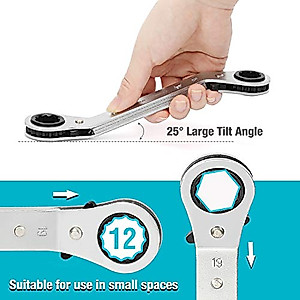 DURATECH 5 Pc Double Offset Box End Reversible Ratcheting Wrench Set Metric, Heavy-duty, Matte Chrome Plated, Ratchet Spanner Crooked for Narrow Spaces (6x8mm, 10x12mm, 13x14mm, 15x17mm, 19x21mm)