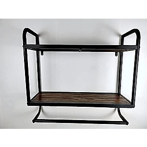 2-Tier Bathroom Shelves Wall Mounted,23.6"L x 7.87"W x 22.8"H, Rustic Wall Shelf Over Toilet,Towel Rack with Towel Bar,Utility Storage Shelf Rack, Floating Shelves Towel Holder,Retro Black