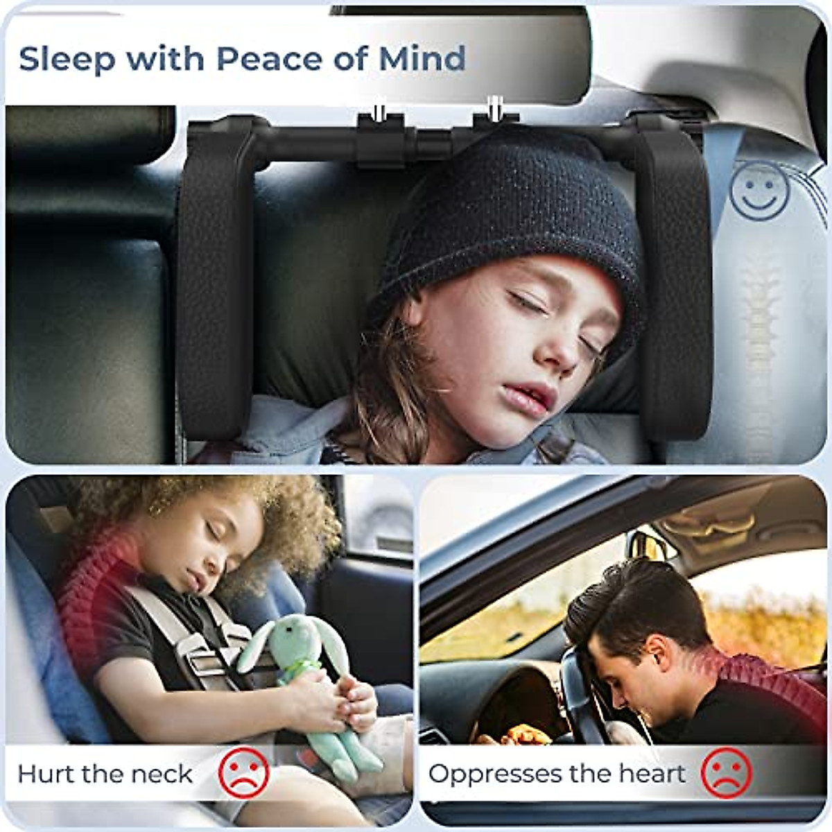 Yoocaa Car Headrest Pillow, Road Pal Headrest, Adjustable Car Seat Head Neck Support, U Shaped Car Sleeping Pillow for Kids & Adults (Black)
