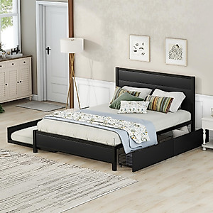 VilroCaz Queen Size Heavy Duty Metal Platform Bed with Twin Size Trundle and 2 Drawers, Mattress Foundation Platform Bed Frame with Headboard and Solid Slats Support for Bedroom Guest Rooms