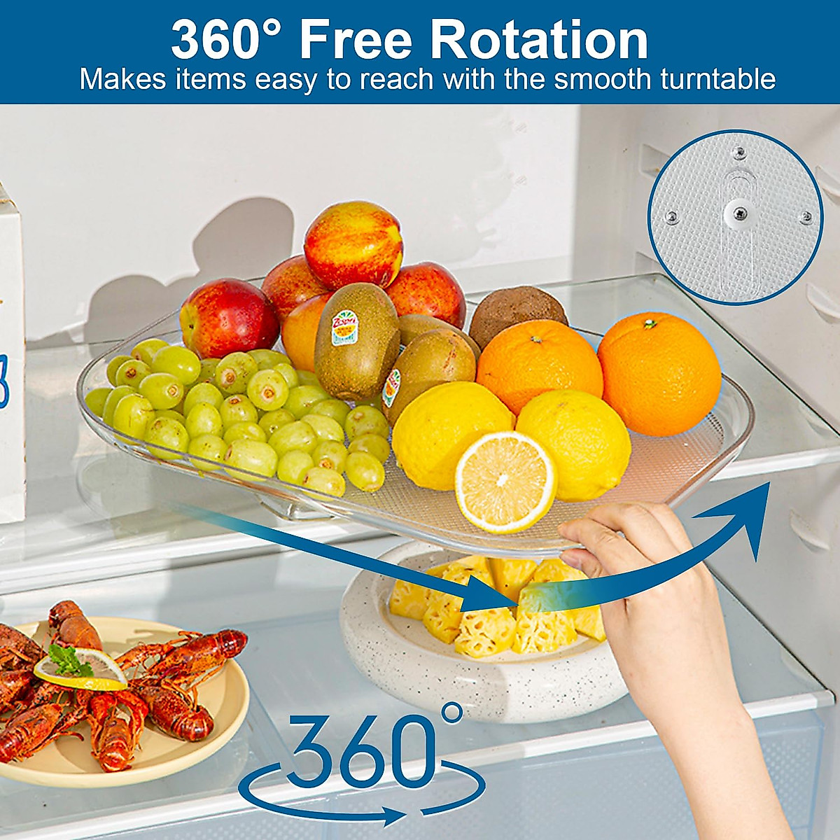 Square Lazy Susan Turntable Organizer for Refrigerator, 360°Rotate Rectangle Turntable Organizer and Storage, 15.7in Clear Lazy Susan for Cabinet, Kitchen, Pantry, Refrigerator