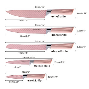 CHUYIREN Pink Knife Set of 6, Pink Kitchen Knives Sets with Knife Block, Chef Knife Set for Kitchen, Camping, Dorm, Picnicking, BBQ Dining Products