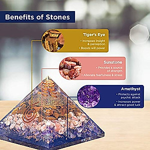 Orgonite Crystal Ultimate Triple Pyramid with Tiger Eye, Sunstone and Amethyst Healing Crystals