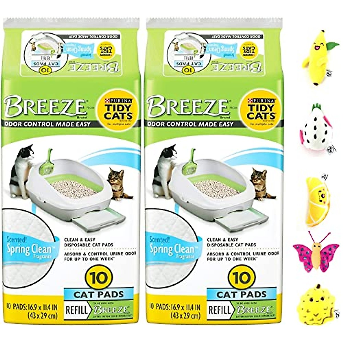 Tidy Cats Breeze Spring Clean Cat Pads Refill Pack (2) 10 Count Pouches with AuroraPet Catnip Toy (Assorted)
