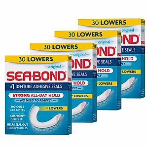 Sea Bond Secure Denture Adhesive Seals, Original Lowers, Zinc-Free, All-Day-Hold, Mess-Free, 30 Count (Pack of 4)