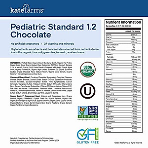 KATE FARMS Organic Pediatric Chocolate 1.2 Sole-Source Nutrition Shake, 12g of protein, 27 Vitamins and Minerals, Vegan, Meal Replacement Drink for Kids, Protein Shake, Gluten Free, Non-GMO, 8.45 Fl oz (Pack of 12)