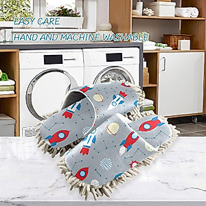 FLildon Microfiber Cleaning Slippers Space Rockets Planets Washable Mop Shoes Slipper for Men/Women House Floor Dust Cleaner, Size L