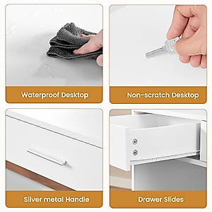 Quimoo Vanity Desk with Large Lighted Mirror and Power Outlet, 46" Makeup Vanity with 9 Drawers and Glass Desktop, Vanity Table with 12 LED Lights, 3 Lighting Color Adjustable (White)