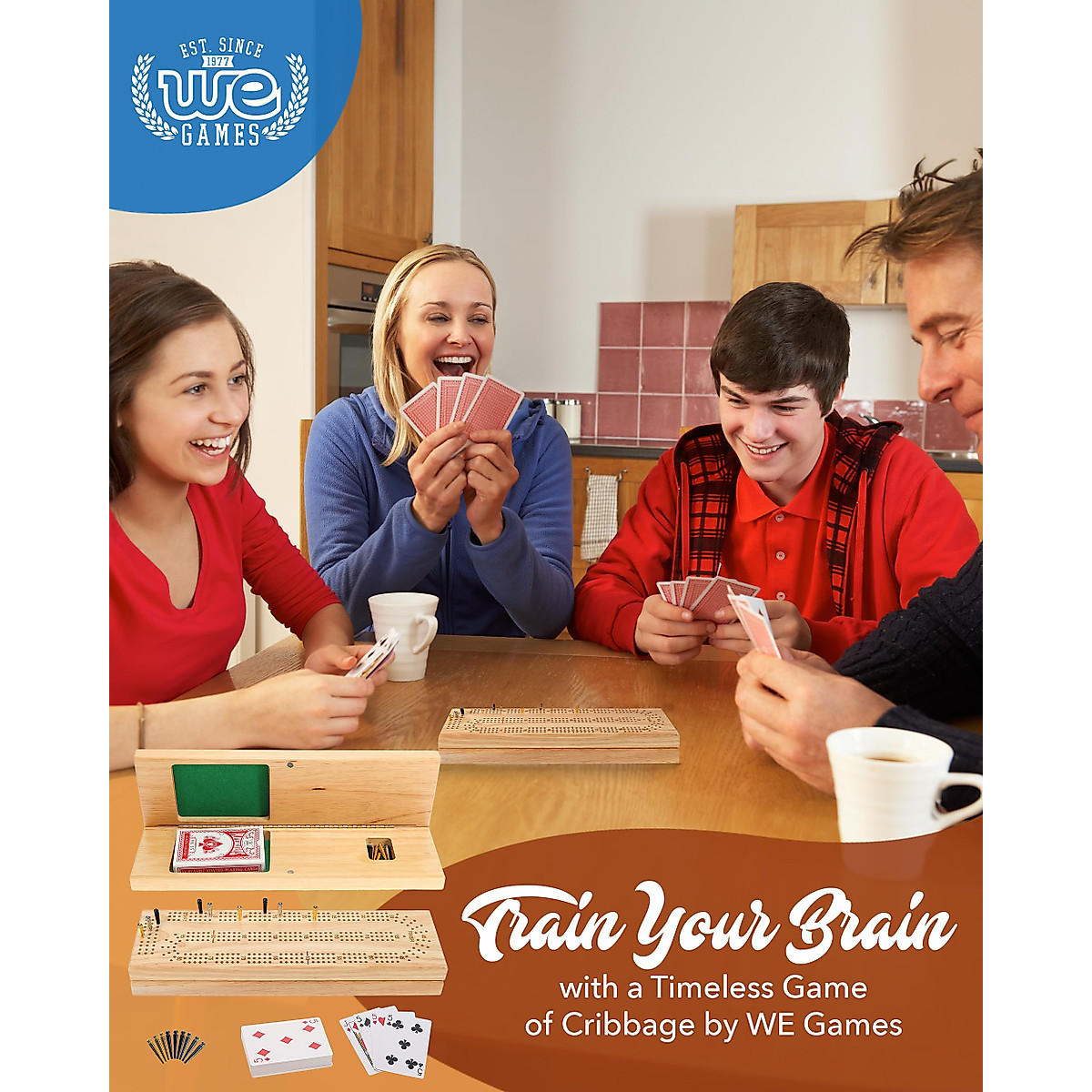 WE Games Wooden Cribbage Board Game Set, Continuous 3 Track for 2-3 Players, Travel Cribbage Board with Card Storage, Includes 9 Metal Pegs & Deck of Cards, Card Games, Classic Board Games for Adults