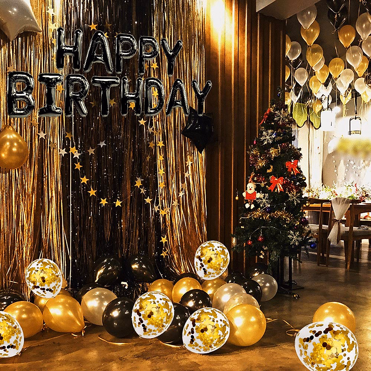 MOVINPE Black Gold Birthday Party Decoration, Black Happy Birthday Banner, Golden Fringe Curtain, Foil Tablecloth, Heart Star Confetti Balloons, 10g Table Confetti for Girl Boy Kids Men Women Adults