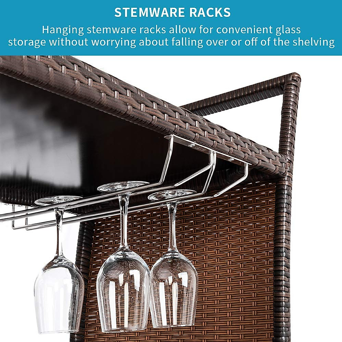 Bonnlo Wicker Outdoor Bar Cart with Wheels and Ice Bucket, Outdoor Bar Table Serving Cart Rattan Bar Cart with Glass Top and Wine Glass Holder for Pool, Party, Backyard, Porch