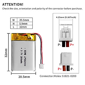 EEMB Lithium Polymer Battery 3.7V 280mAh 562030 Lipo Rechargeable Battery Pack with Wire Molex Connector for Dashcam Bluetooth Speaker - Confirm Device & Connector Polarity Before Purchase