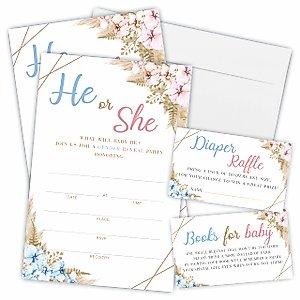 JCVUK Set of 25 Baby Shower Invitations with Envelopes, BOHO Diaper Raffle Tickets and Baby Shower Book Request Cards, Pampas Grass Bohemian Theme Gender Reveal Party For Boys or Girls(YQKTZ-A02)