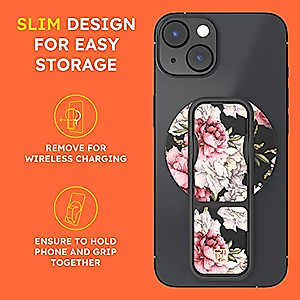 CLCKR Compact Mobile Cell Phone Grip Holder Compatible with MagSafe iPhone 15, 14 Series, Removable Magnetic Phone Kickstand with Finger Strap, 3500G Strength Magnet for Extra Strong Mount, Blossom