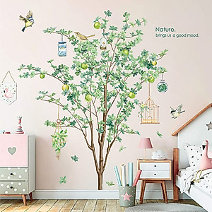 RW-DZ29 Large Green Tree Wall Decals 3D Green Tree Birds Wall Stickers Birdcage Plant Flower Decals DIY Removable Green Tree Animals Wall Art Decor for Kids Baby Bedroom Living Room Nursery Office