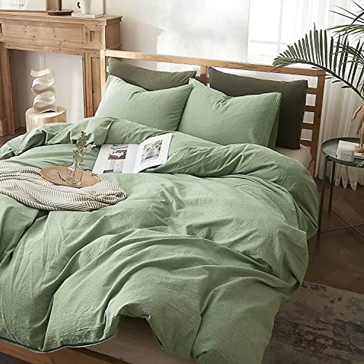 Modern Style Sage Green Duvet Cover Queen Size 100% Washed Cotton Light Green Bedding Sets Hotel Quality Solid Color Comforter Cover 1 Queen Duvet Cover with 2 Pillowcases Green Bedding Cover Set