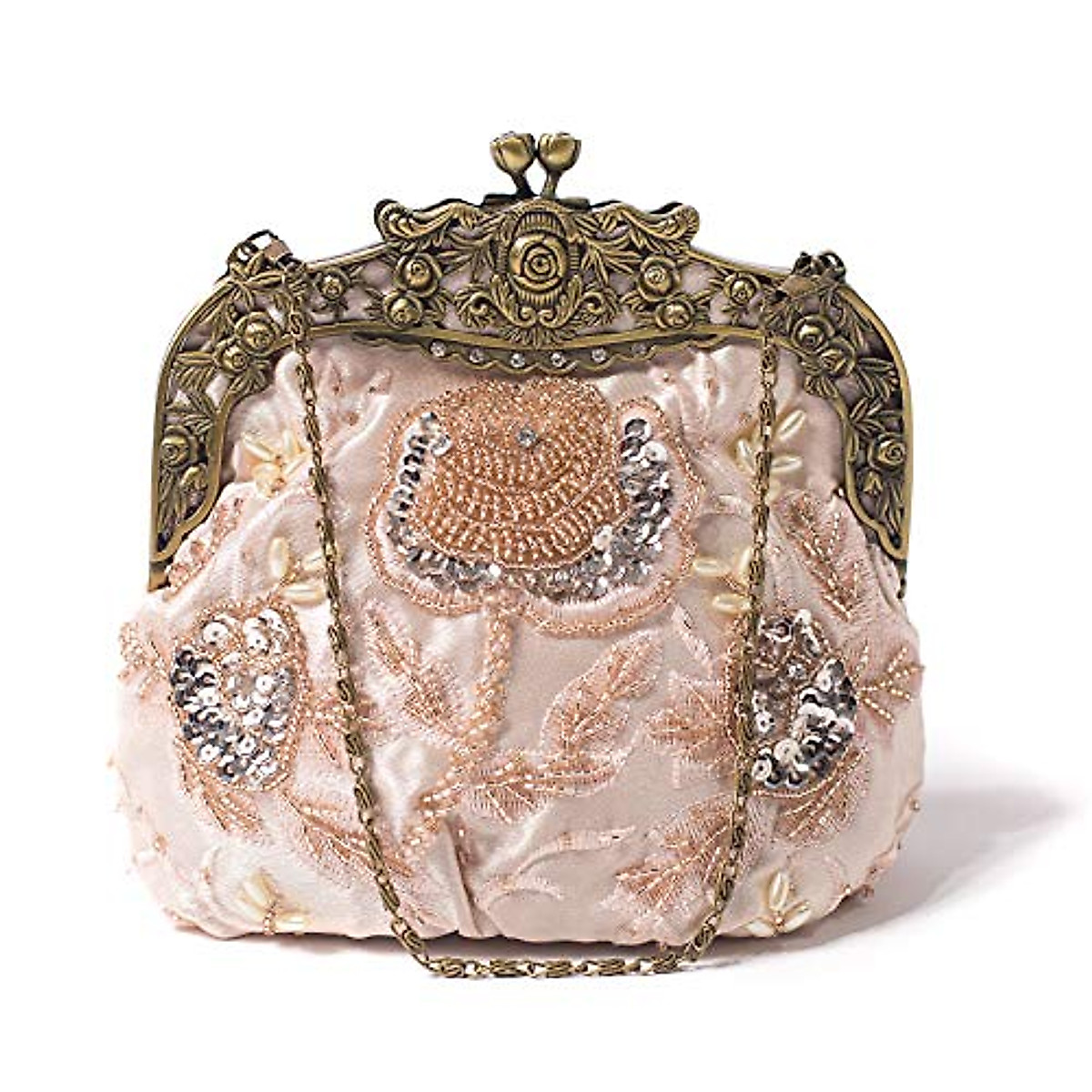 ilishop Women's Antique Beaded Party Clutch Vintage Rose Purse Evening Handbag (Champagne)