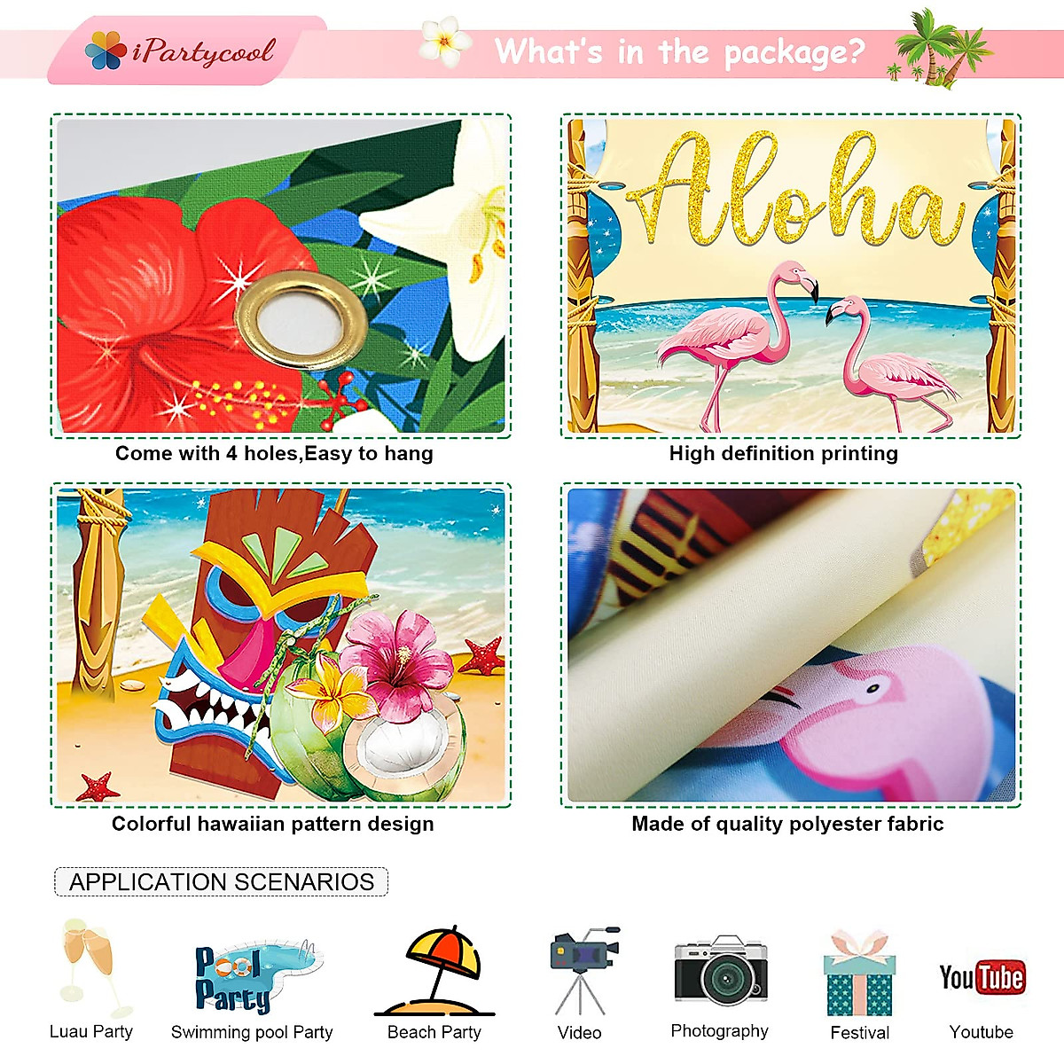 Upgraded, Hawaiian Luau Party Decorations, Aloha Luau Backdrop Summer Beach Banner Background Photography Supplies for Birthday Musical Party Baby Shower Tropical Tiki Themed Decoration 72"x44"