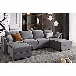 HONBAY Modular Sectional Sofa U Shaped Couch with Reversible Chaise Modular Couch Sectional Sofa with Ottomans, Grey