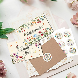 Savgkoyt 75 Pack Wildflower Thank You Cards with Envelopes and Stickers Thank You Notes with Envelopes Set Bulk Vintage Flower Greeting Cards with Kraft Envelope Sticker for Wedding Bridal Showers Baby Showers