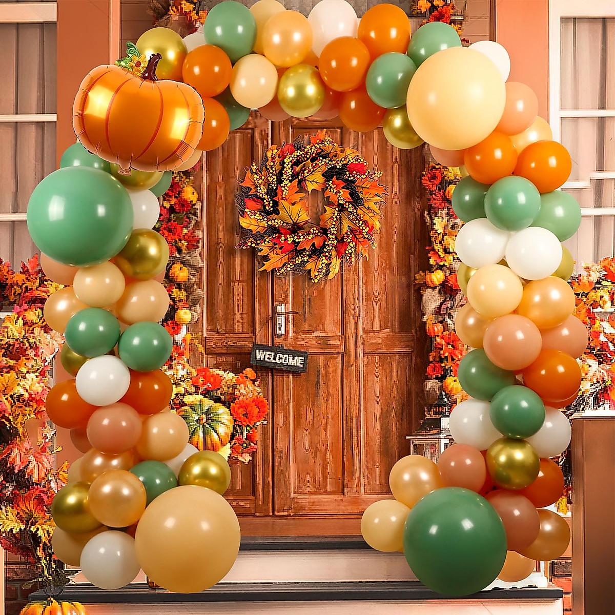 Fall Balloon Arch Garland Kit, 18" 10" 5" Retro Green Burnt Orange Gold Fall Balloons Decorations for Fall Baby Shower Decorations Autumn Thanksgiving Friendsgiving Party Decorations