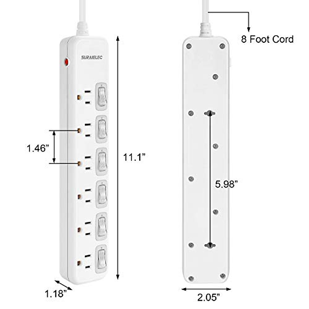 Suraielec Power Strip Individual Switches, 8 FT Long Flat Plug Extension Cord, 6 Outlet Surge Protector with On Off Switches for Each Outlet, 15 AMP Safety Circuit Breaker, Wall Mountable