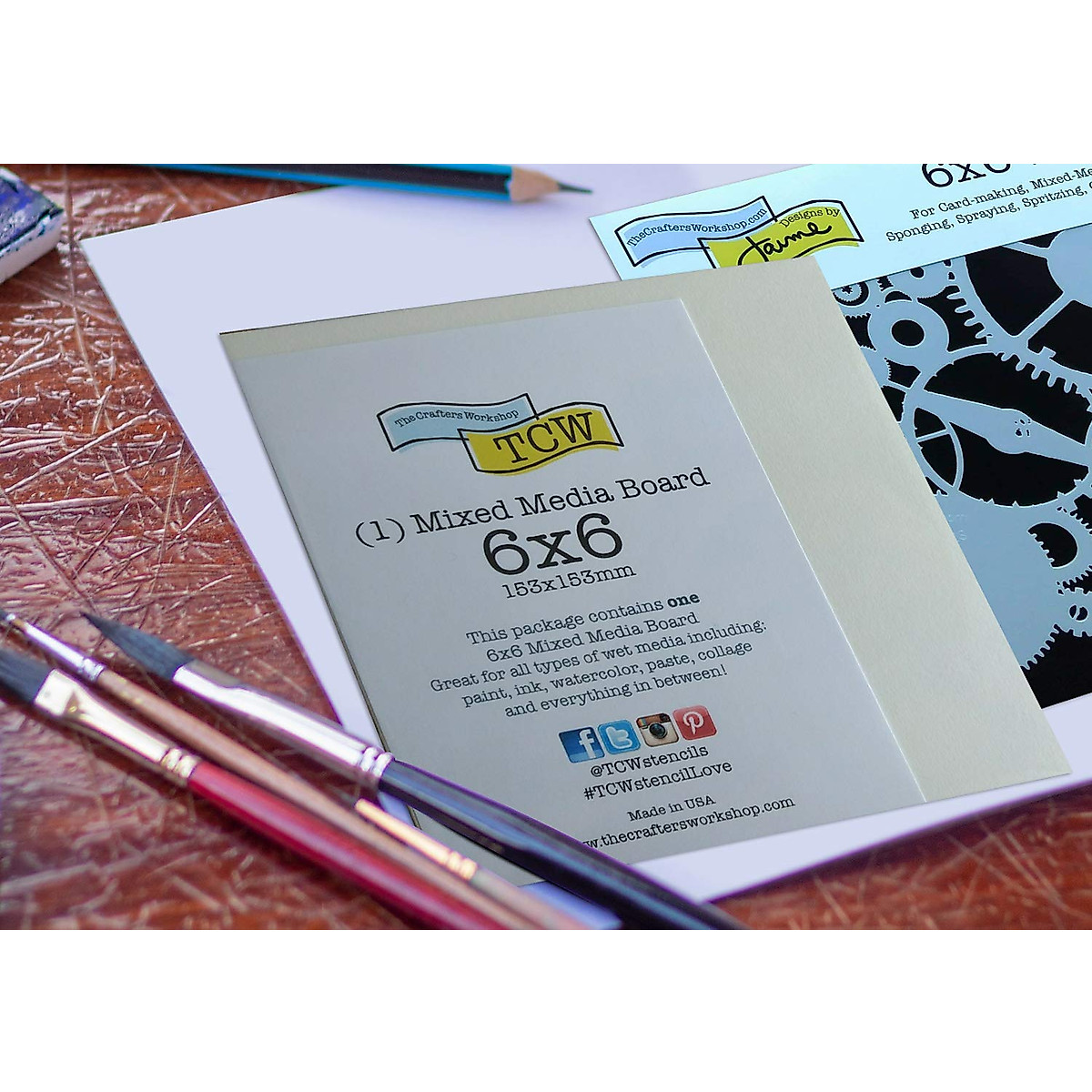 3 Crafters Workshop Mixed Media Stencils | Gears, Clock, Steampunk, Watch Face, Flower Designs | for Journaling, Scrapbooking, Card Making | 6 Inch x 6 Inch Templates Set with Board, Total 4 Items