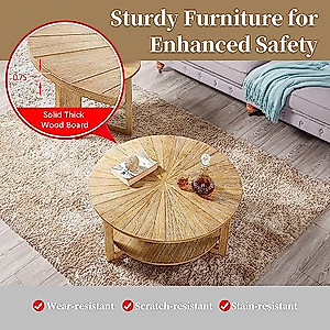 DS-HOMEPORT Round Coffee Tables Living Room with Storage, Wood Circle Coffee Table Suit for Farmhouse and Bedroom, Natural Wood