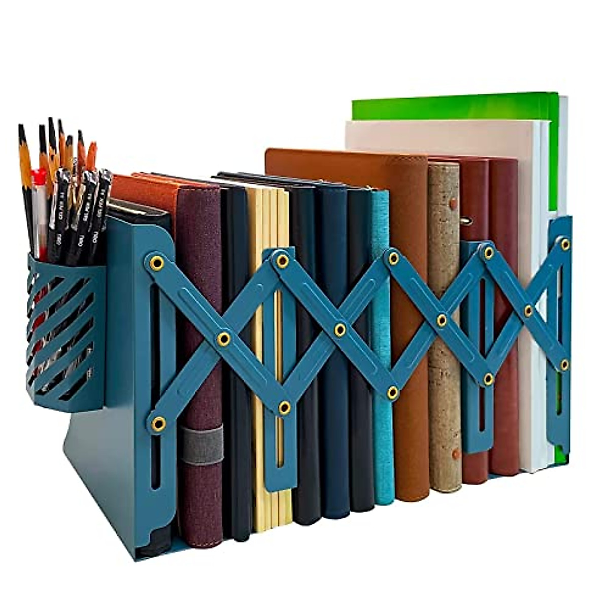 Adjustable Bookends,Metal Book Ends for Books Papers Magazines Albums DVDs Games Desks Binder Organizer Holder for Home, Office, Classroom, Library with Pen Holder.Extends up to 19 inches. (Blue)