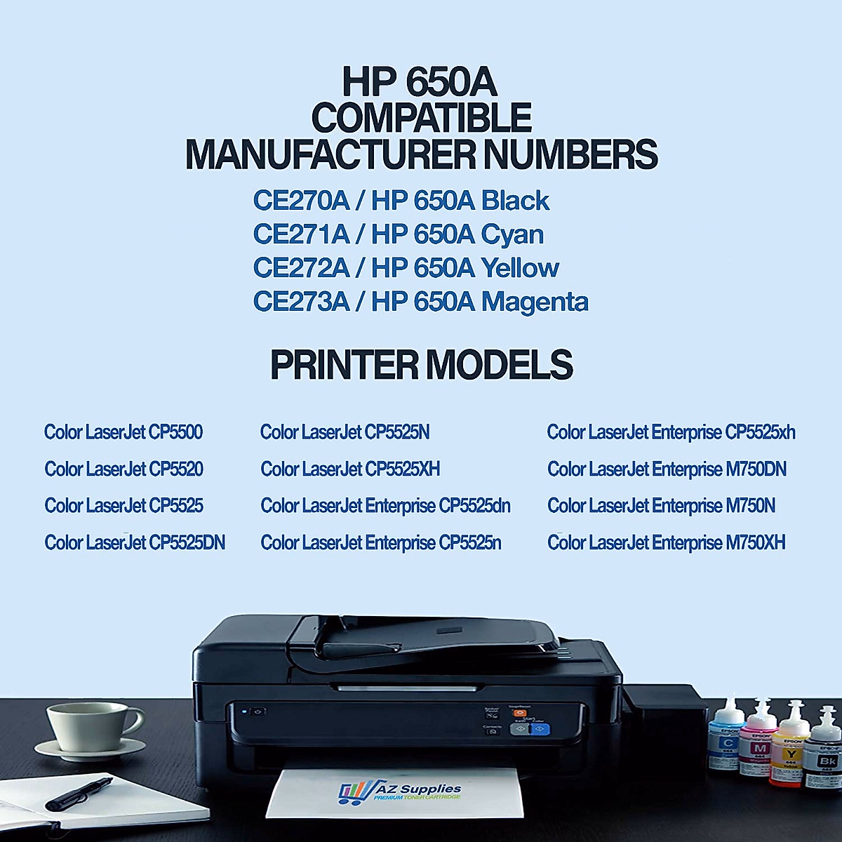 AZ SUPPLIES Compatible Toner Cartridge Replacement for HP 650A CE270A CE271A CE272A CE273A Color Laserjet CP5500 CP5520 CP5525 CP5525DN CP5525N CP5525XH (Black, Cyan, Magenta, Yellow - 4 Packs)