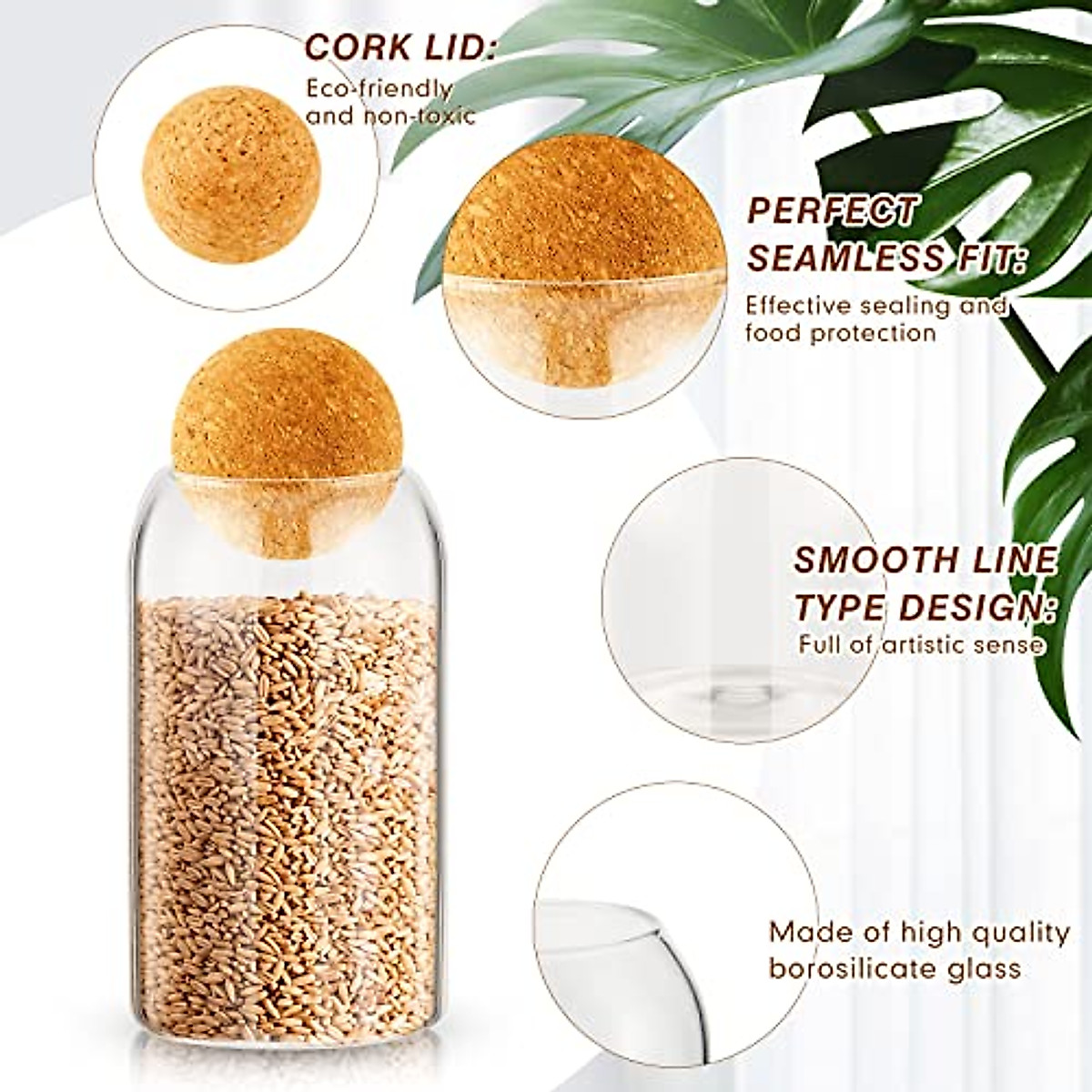 Suclain 5 Pack Storage Glass Jar Set Food Tank with Spherical Cork Cute Ball Candy Jars Clear Coffee Canister Airtight for Kitchen Bottle Holder Serving Spice Sugar Tea, 4 Sizes