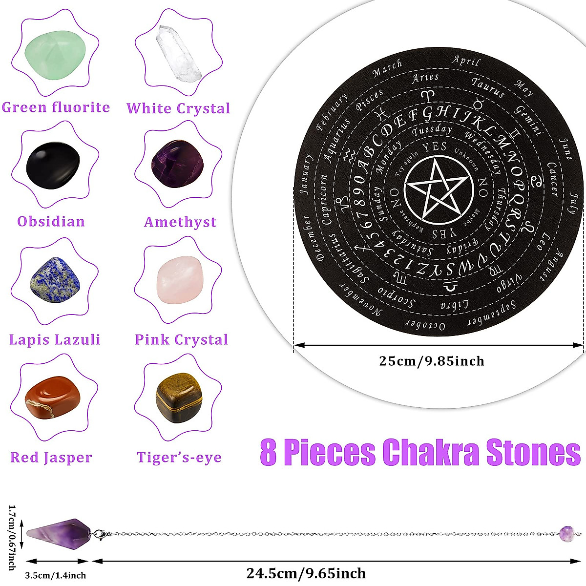 Star Pendulum Board Wooden Dowsing Board Set Include Crystal Dowsing Pendulum Necklace, 8 Chakra Stones, Round Pendulum Board Dowsing Divination Metaphysical Message Board for Witchcraft Supplies