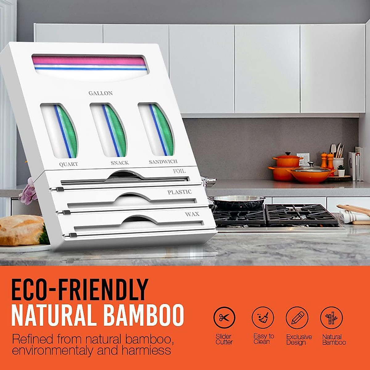 White Ziplock Bag Storage Organizer for kitchen Drawer | Plastic Wrap Organizer Dispenser with Cutter| Bamboo Ziploc Baggie Holder | Compatible with Ziploc Baggie Organizer | Bamboo Plastic Bag Dispenser for Gallon, Quart, Snack Sandwich bags & Plastic Fo