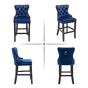 GOOLON Bar Stools Set of 2, Velvet 26 Inch Seat Height Counter Height Barstools Button Tufted Backrest, Rivet Trim Bar Chairs for Kitchen Island Mid-Century Metal Pull Ring Wood Frame Legs, Blue