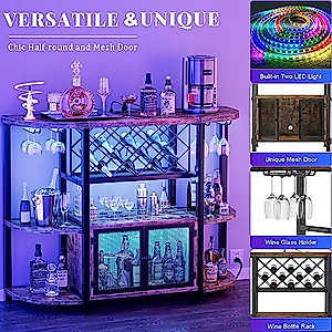 Unikito Freestanding Wine Bar Cabinet with LED Lights and Power Outlets, Industrial Coffee for Liquor Glasses, Mesh Door, Table Rack, Rustic Brown