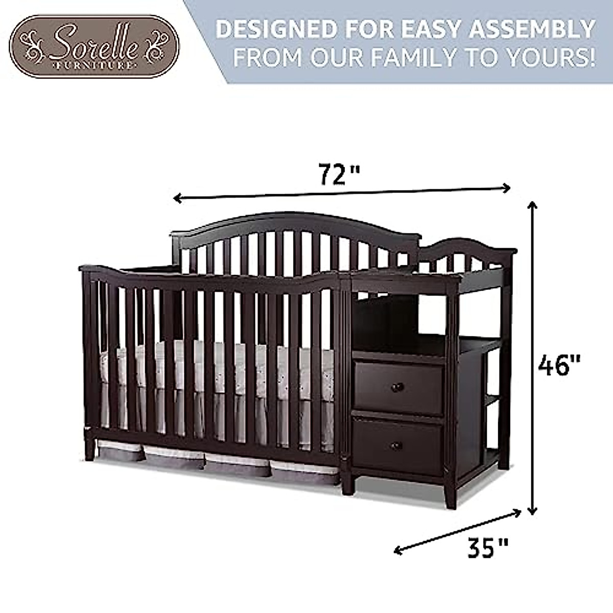 SORELLE FURNITURE Berkley Crib and Changer with Slat Panel Back Classic -in- Convertible Diaper Changing Table Non-Toxic Finish Wooden Baby Bed Toddler Childs Daybed Full-Size Nursery - Espresso
