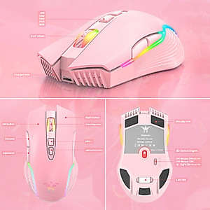 SIMGAL RGB Wireless Gaming Mouse, Pink, Rechargeable, Ergonomic Design, Adjustable DPI, Compatible with Windows, Mac