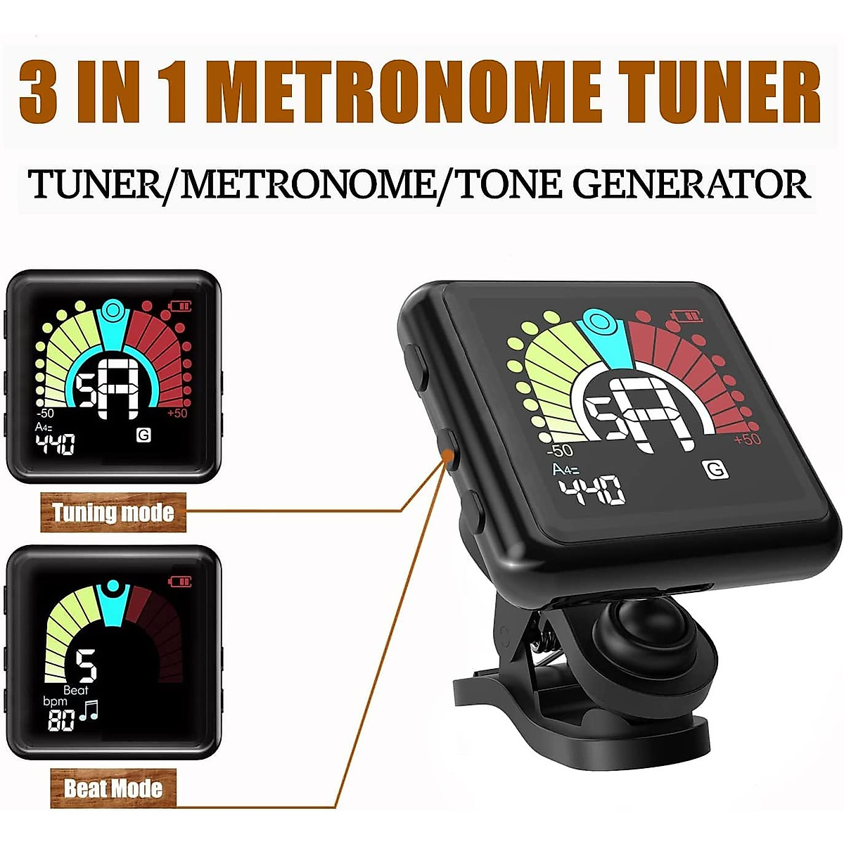 Guitar Tuner Clip on Rechargeable with Metronome Tone Generator for Guitar Bass Ukulele Violin Banjo Chromatic Wind Instrument, Metronome Tuner for All Instruments