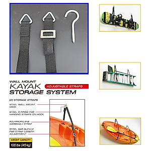 FITOOL Kayak Storage System, Canoes Wall Rack Holders, Adjustable Storage Straps Garage Hangers, 100LBS(45KGS) Weight Capacity, Skiing Board, Ladder, Canoes, Kayak Wall Mount Storage System