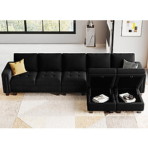 Belffin Large Velvet L Shaped Sectional Sofa Couch with Reversible Double Chaises Modular Sectional Sofa Couch with Storage Ottomans Convertible Sectional Sofa Black