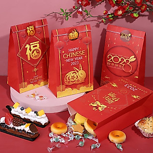 MIMIND 24 Pieces 2023 Happy Chinese New Year Gift Bags Lunar New Year Spring Festival Treat Candy Favor Bags with Round Sticker for Year of The Rabbit Chinese New Year Party Supplies Decors, 6 Design