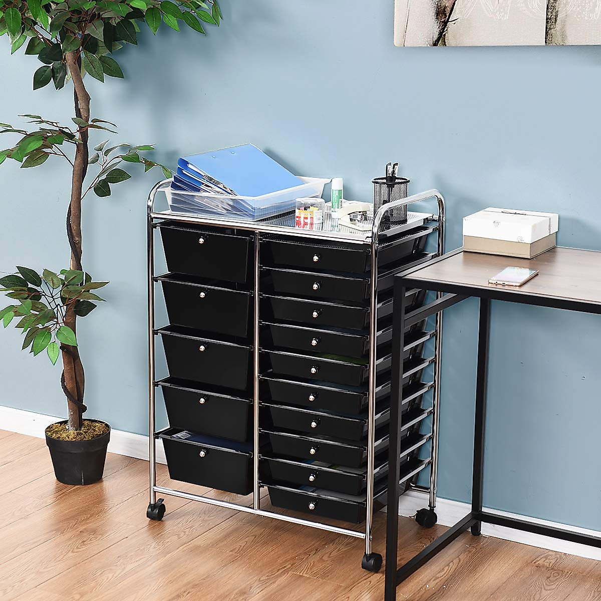 RELAX4LIFE Storage Drawer Carts W/15-Drawer,Rolling Wheels Semi-Transparent Multipurpose Mobile Rolling Utility Cart for School, Office, Home, Beauty Salon Storage Organizer Cart (Black)