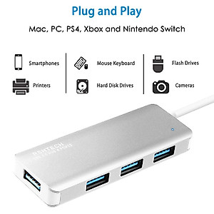 USB 3.0 Hub RSHTECH Aluminum 4 Port Ultra Slim USB 3.0 Data Hub Splitter Portable USB Port Expander for Laptop and PC (Silver)