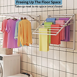 yeshine 31.5" Wide Wall Mounted Clothes Drying Rack, 23.6 Linear Feet Capacity, 60 Lb Capacity, 9 Smooth Metal Round Rods, Collapsible Laundry Drying Rack, Adjustable Drying Rack Clothing Heavy Duty