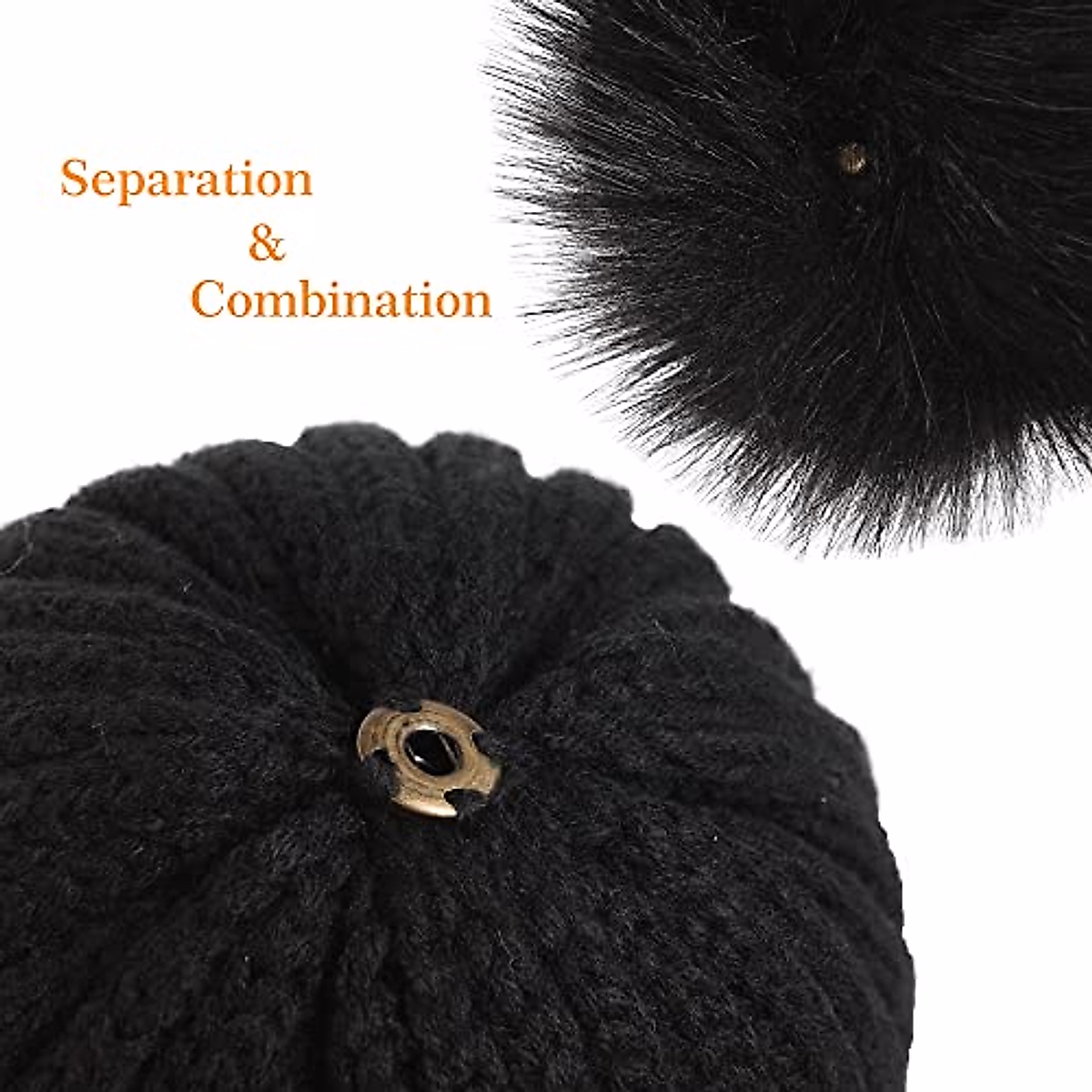 Muryobao Womens Winter Beanie Hat Warm Silk Satin Lined Cuffed Cable Knit Hat with Detachable Pom Ski Skull Cap Black