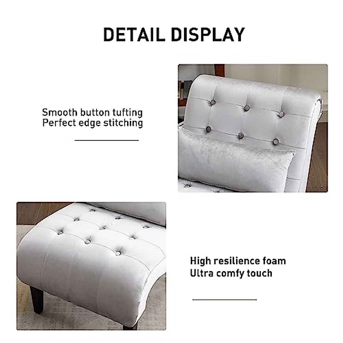 Bonzy Home Modern Accent Chairs for Bedroom Living Room Button-Tufted Velvet Reading Nook Lounge Chairs Upholstered Armless Slipper Chairs with Wooden Legs, Bright Sliver
