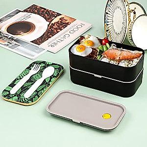 Tropical Pattern with Monstera Leaves Bento Lunch Box Leak-Proof Bento Box Food Containers with 2 Compartments for Offce Work Picnic Black-Style