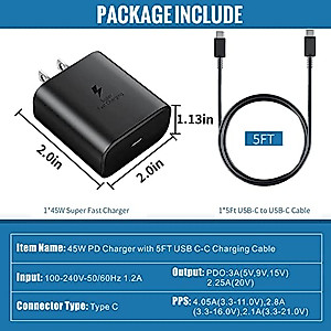45W USB C Fast Charger,Super Fast Charger with 5FT Type C Fast Charging Cable for Samsung Galaxy A53/A73/A33/S23 Ultra/S23/S23+/S22 Ultra/ S22+/S21 ultra/S21/A20/A03S/S20/Z flip 3